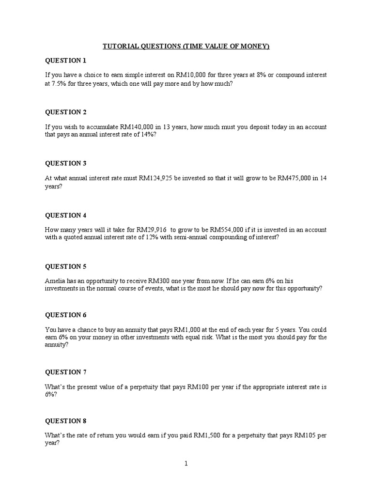 Time Value of Money Tutorial Questions | PDF | Interest | Present Value