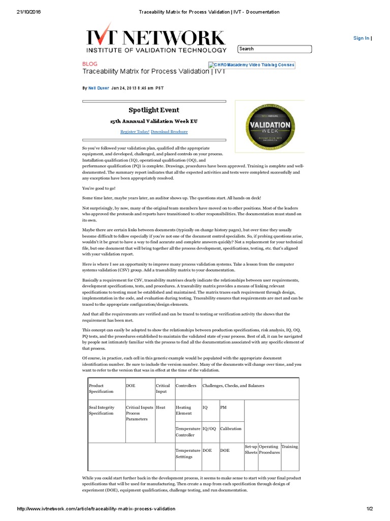 Traceability Matrix For Process Validation - IVT - Documentation PDF ...