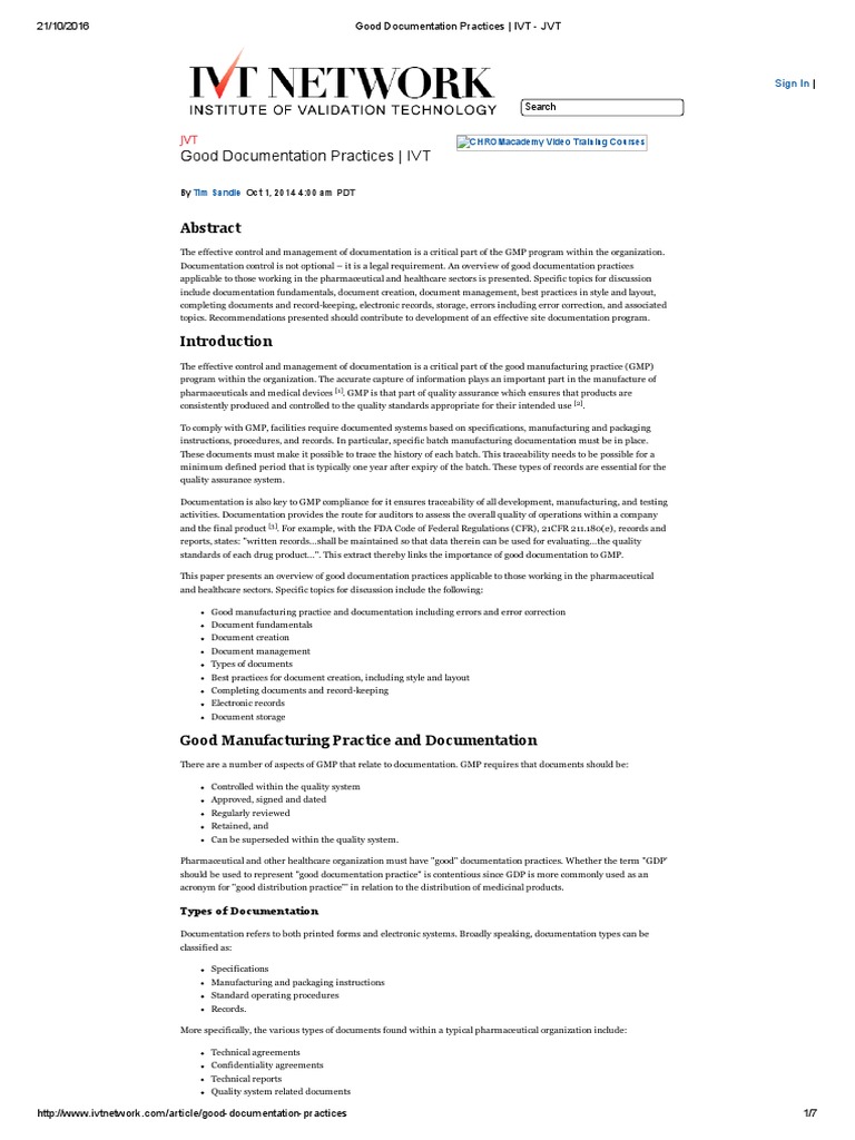 Good Documentation Practices - IVT - JVT | PDF | Verification And Validation | Records Management