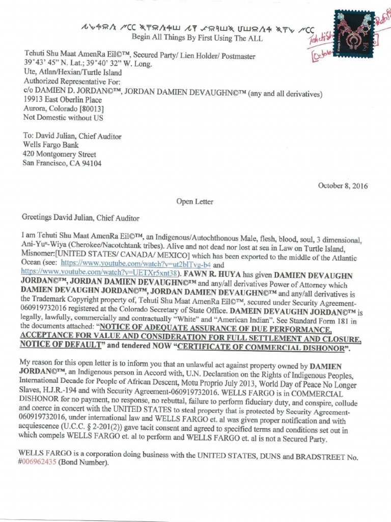 Notice of Commercial Dishonor Sent to Wells Fargo