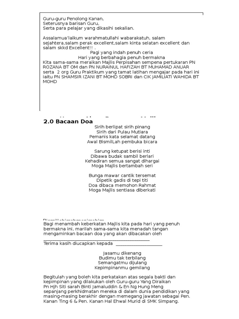 Teks Pengacara Majlis Perpisahan