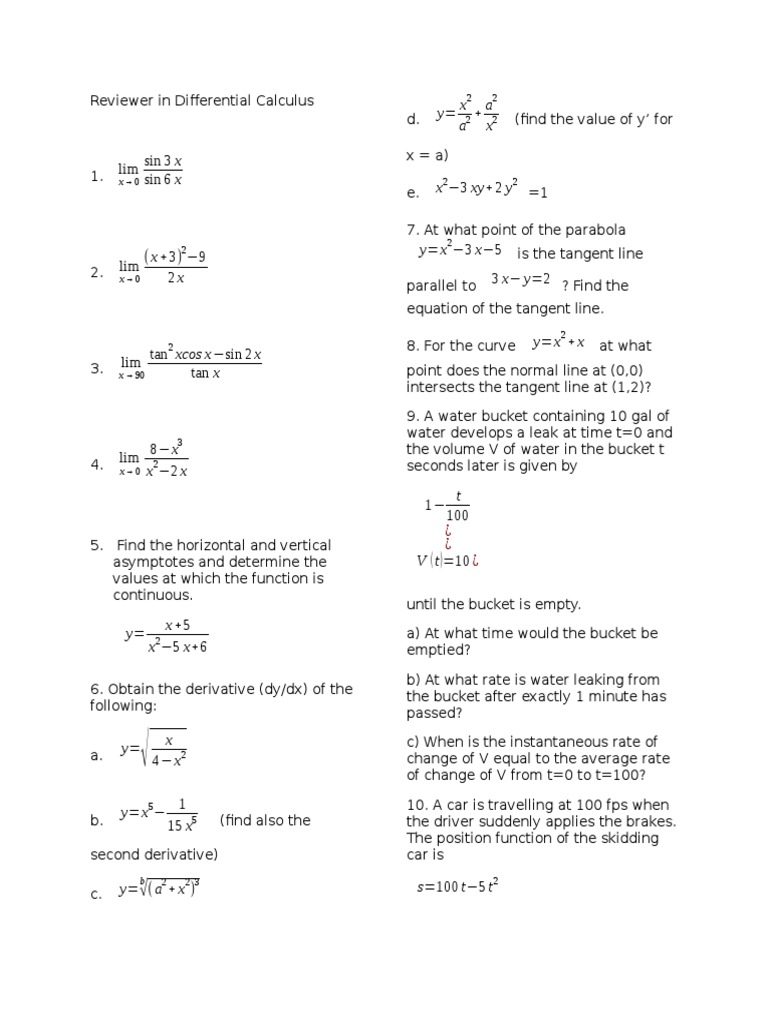 Reviewer in Differential Calculus | PDF | Tangent | Differential Calculus