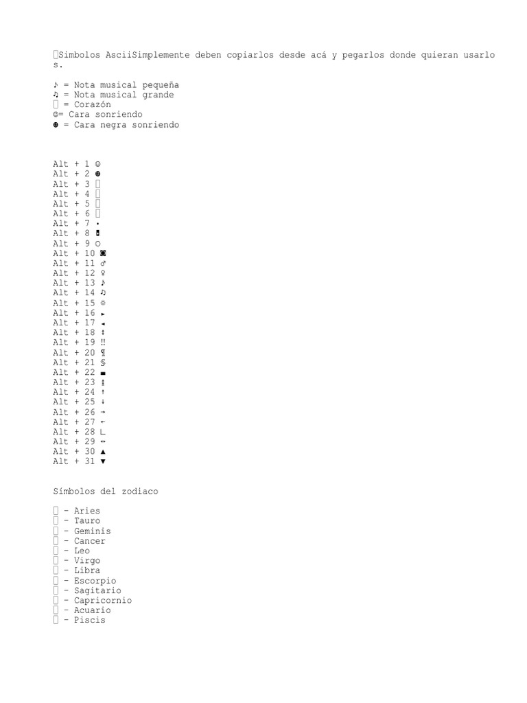 Símbolos ASCII para Copiar y Pegar | PDF