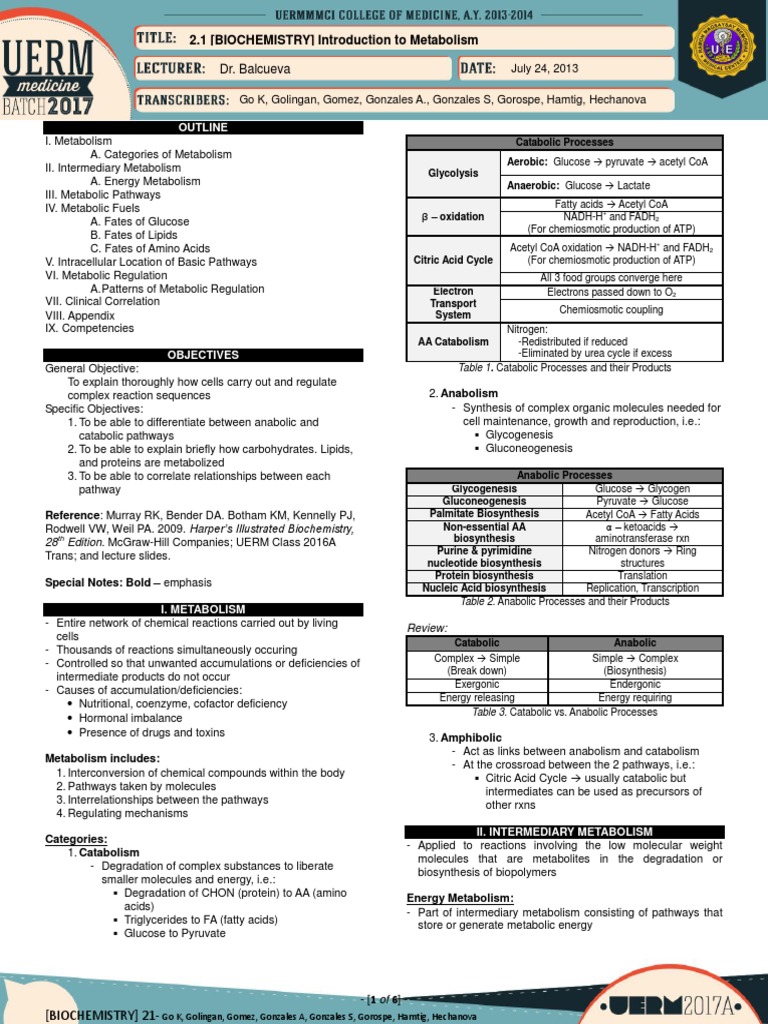 2 1 Biochemistry Introduction To Metabolism Pdf Metabolic Pathway