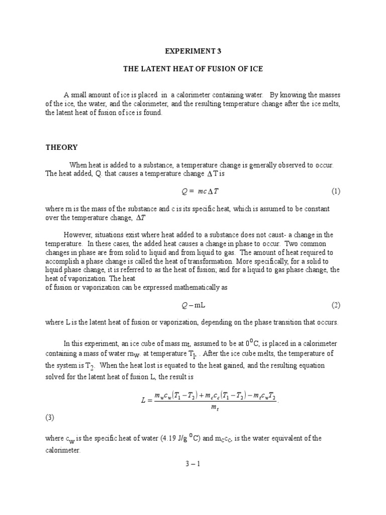 Phys 23 T3 The Latent Heat of Fusion of Ice | PDF | Heat | Phase (Matter)
