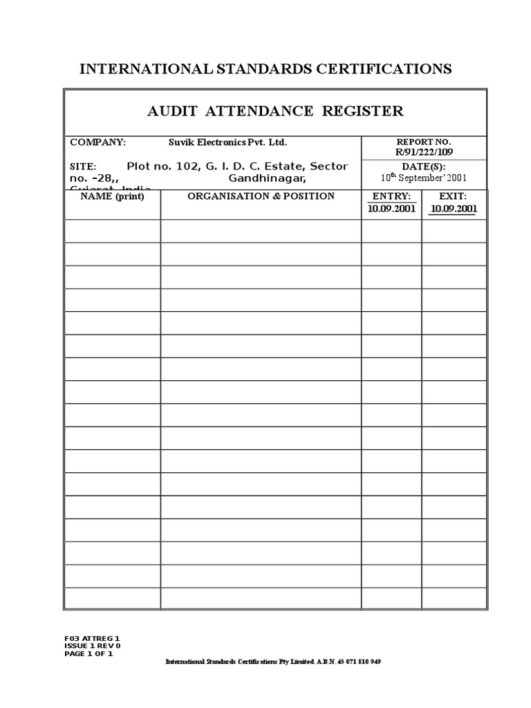 International Standards Certifications Audit Attendance Register | PDF