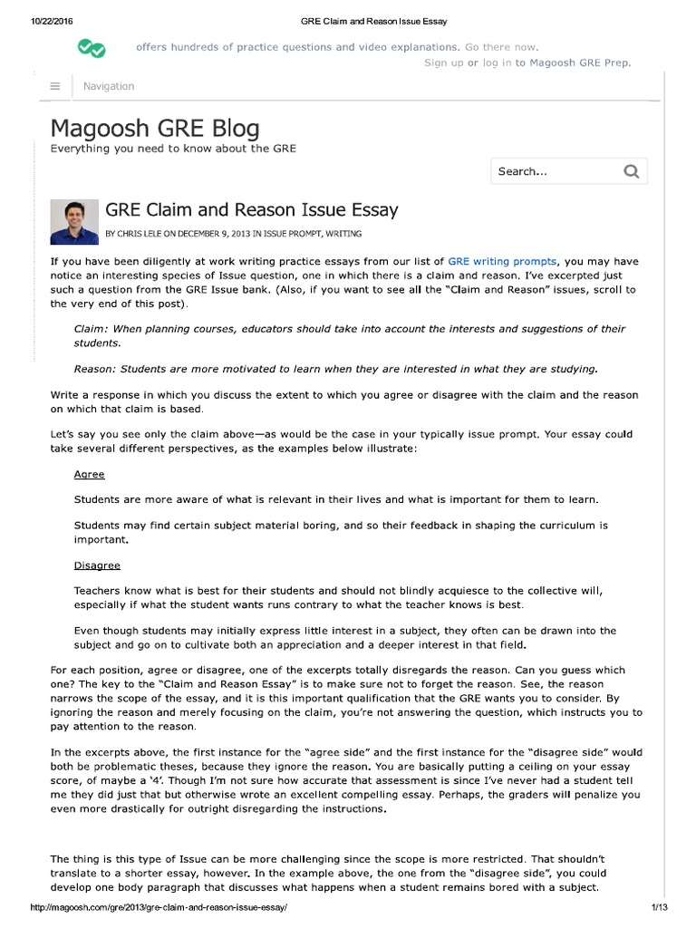 GRE Claim and Reason Issue Essay | PDF