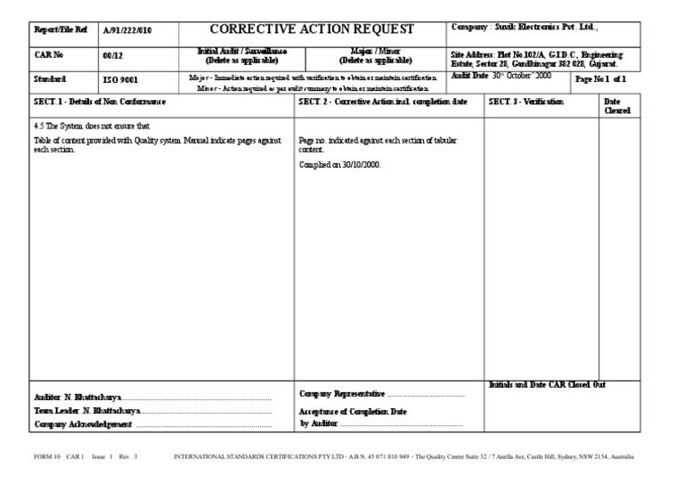 Corrective Action Request: A/91/222/010 Company: Suvik Electronics Pvt ...