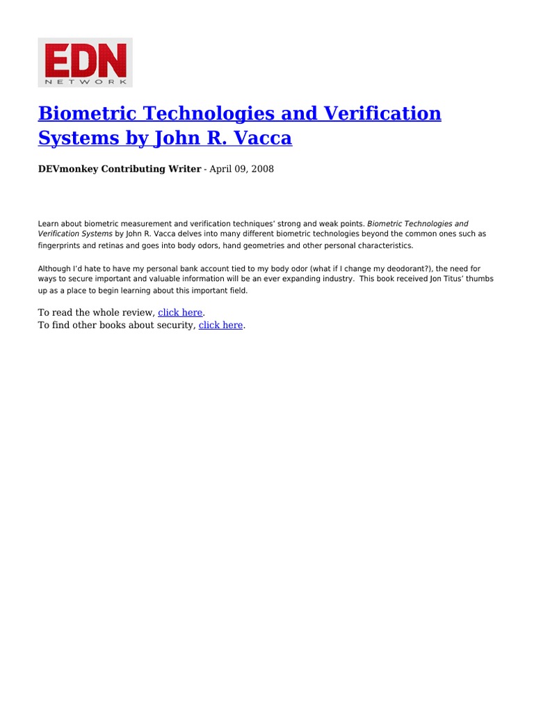 Biometric Technologies and Verification Systems by John R Vacca | PDF