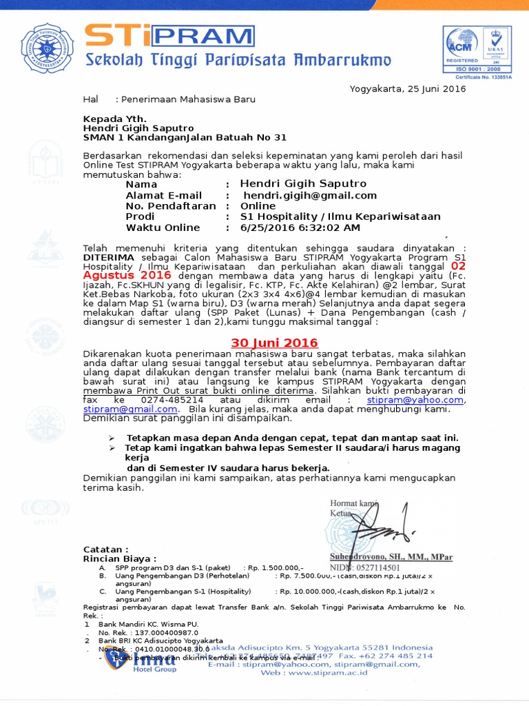 Penerimaan Mahasiswa Baru STIPRAM | PDF