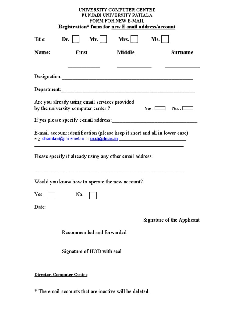 Name: First Middle Surname: Registration Form For New E-Mail Address ...