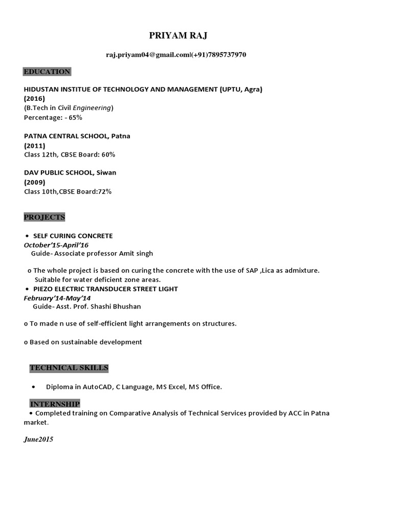 Priyam Raj: Civil Engineer Resume | PDF