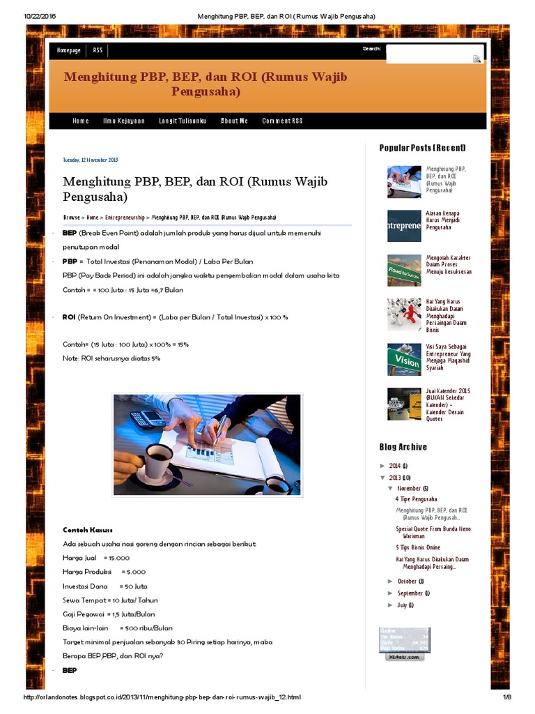 Menghitung PBP, BEP, Dan ROI (Rumus Wajib Pengusaha) | PDF
