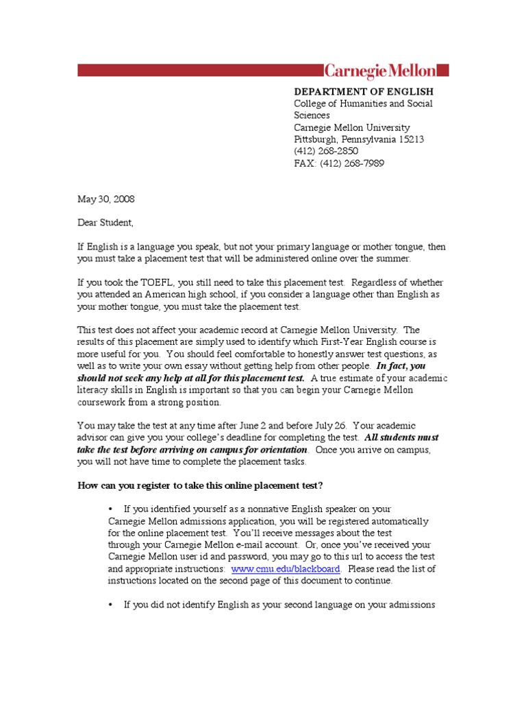 CMU: ESL Placement Test Letter 08 | PDF | Learning | Behavior Modification
