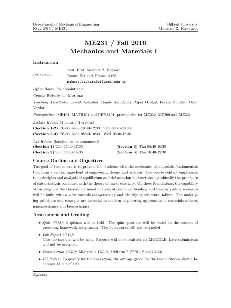 ME231 Syllabus Fall 2016 | PDF | Bending | Stress (Mechanics)