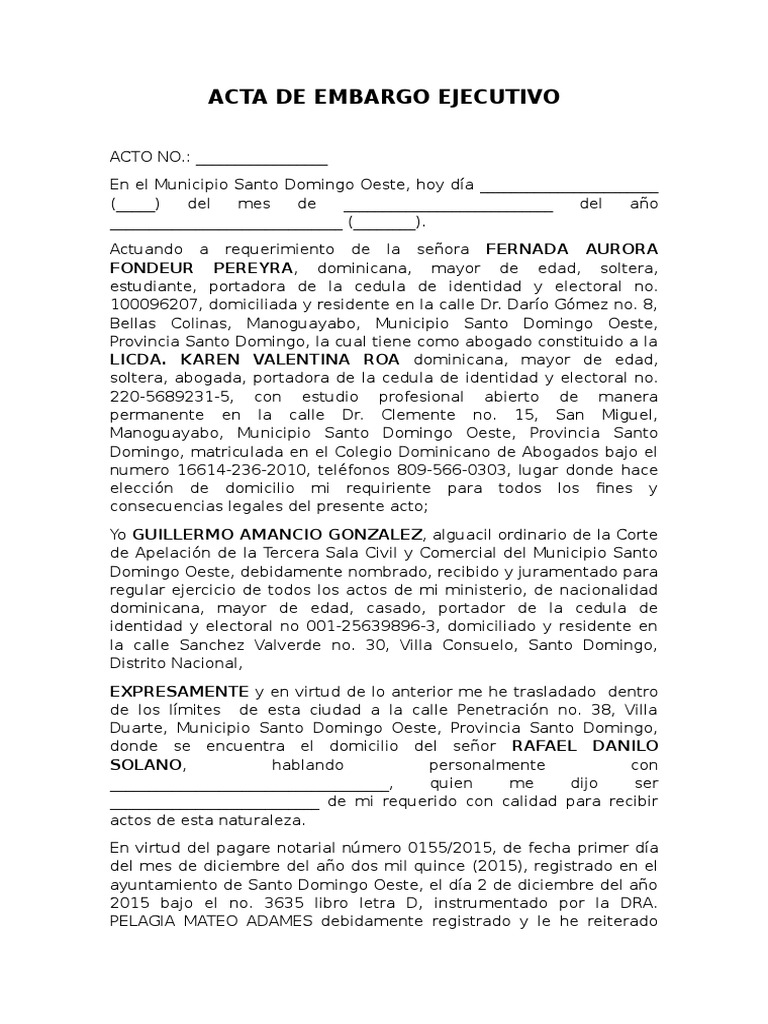 Acta de Embargo Ejecutivo | PDF | República Dominicana | Gobierno