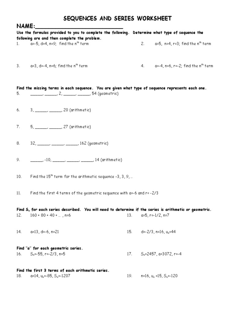 Sequences and Series Worksheet Guide | PDF