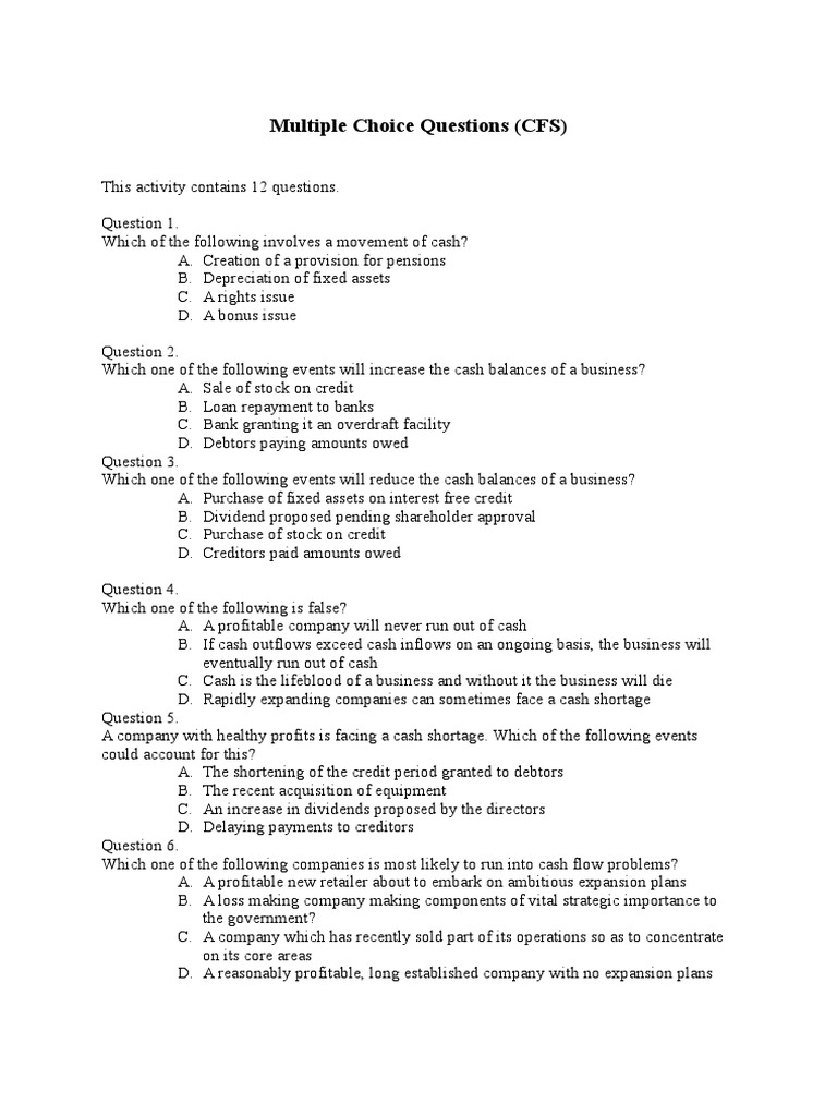 Multiple Choice Questions | PDF | Debits And Credits | Cash Flow Statement