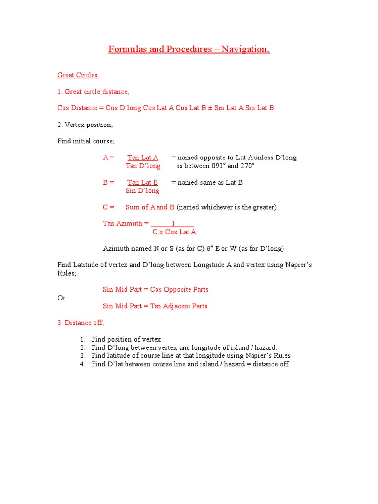 Nav Formulas and Procedures | PDF | Latitude | Longitude