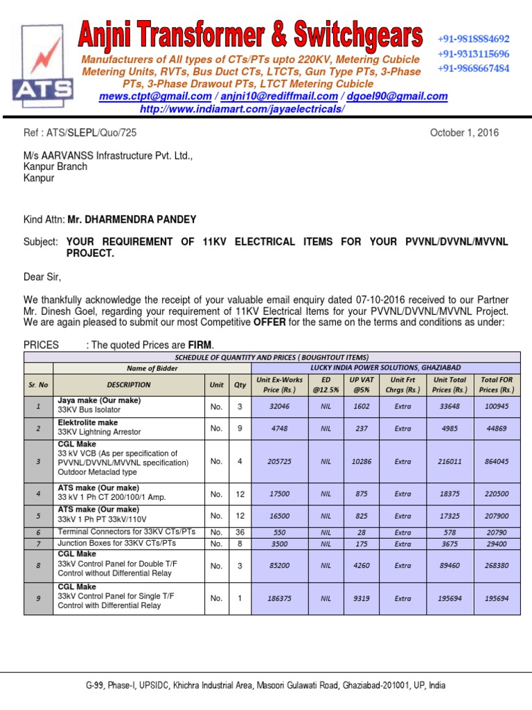 11KV Electrical Items Quotation | PDF | Electrical Substation | Taxes