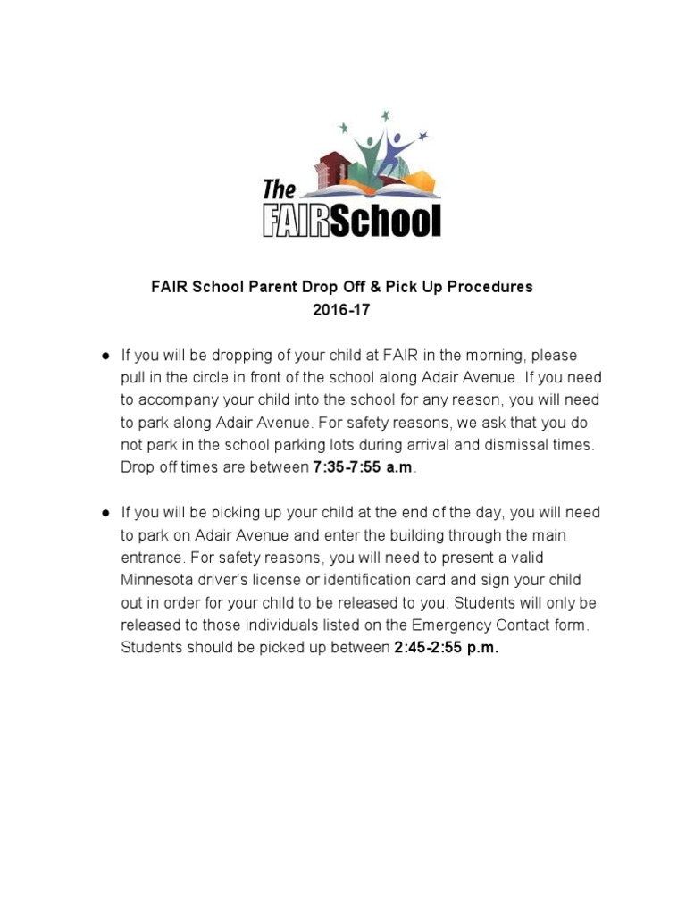 FAIR School Parent Drop Off & Pick Up Procedures 2016-17 | PDF | Wellness
