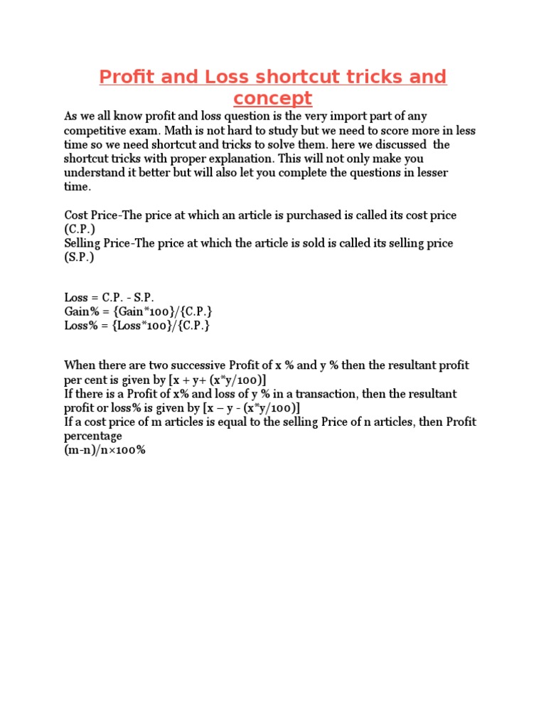 Profit and Loss Shortcut Tricks | PDF | Percentage | Fraction (Mathematics)