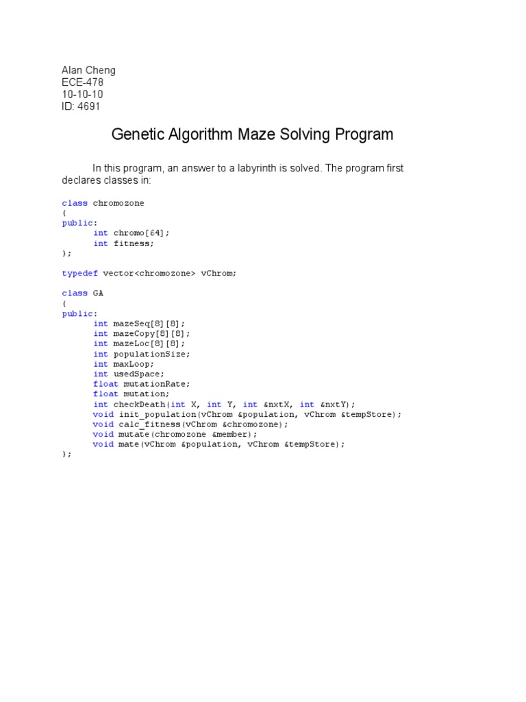 Genetic Algorithm Maze Solving Program Pdf Genetic Algorithm