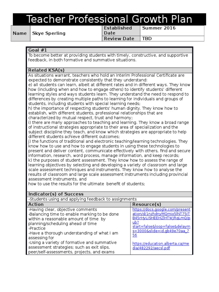 Teacher Professional Growth Plan - Skye Sperling - Portfolio | PDF ...