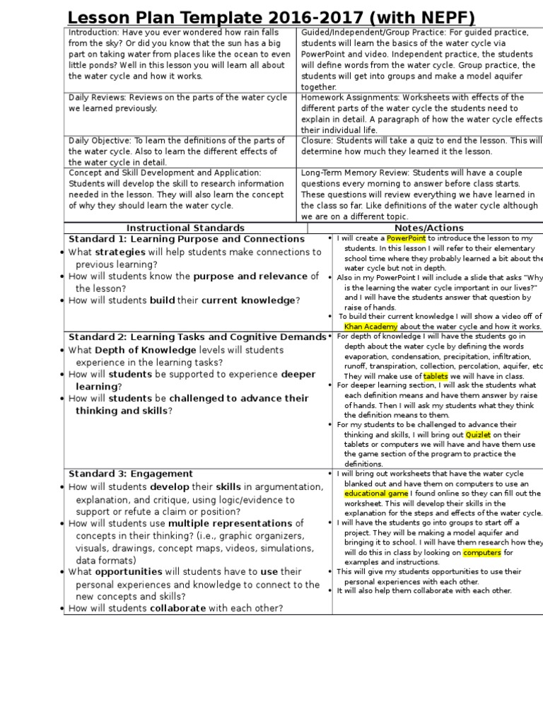 Water Cycle Lesson Plan Template | PDF | Lesson Plan | Educational ...