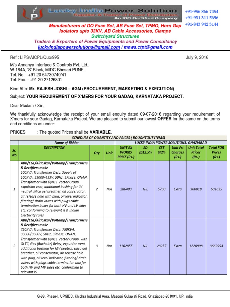 Quotation CT PT Isolator VCB AB Switch Drop Out Fuse Set TPMO | PDF ...