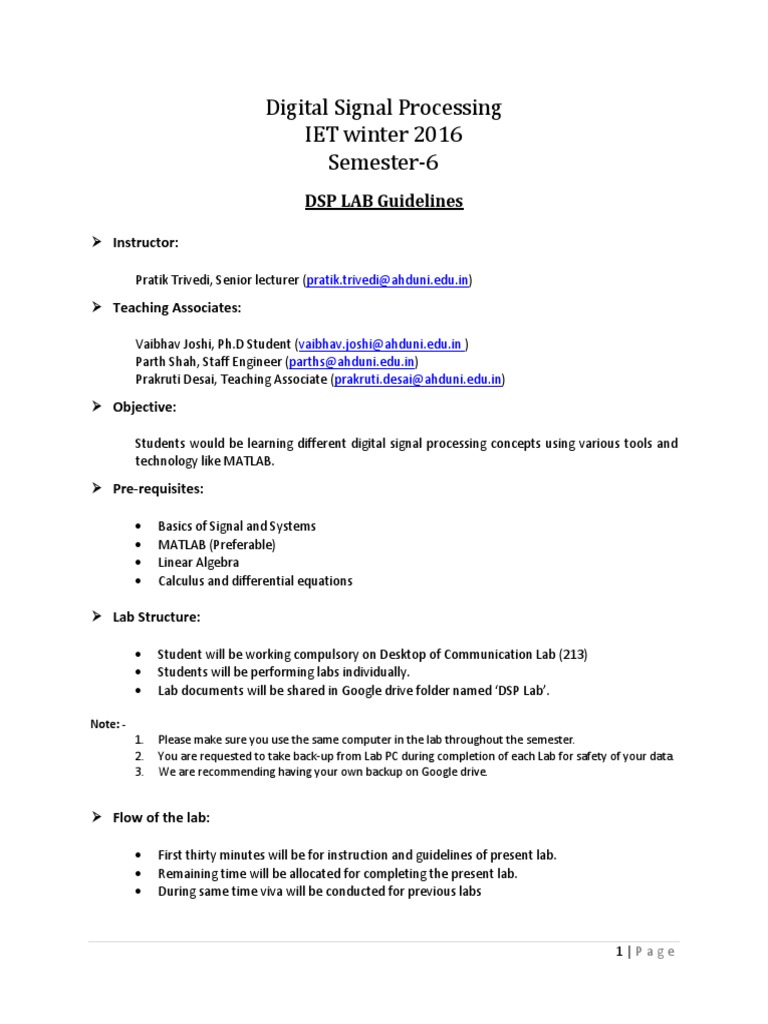Digital Signal Processing IET Winter 2016 Semester-6: DSP LAB Guidelines | PDF | Digital Signal ...