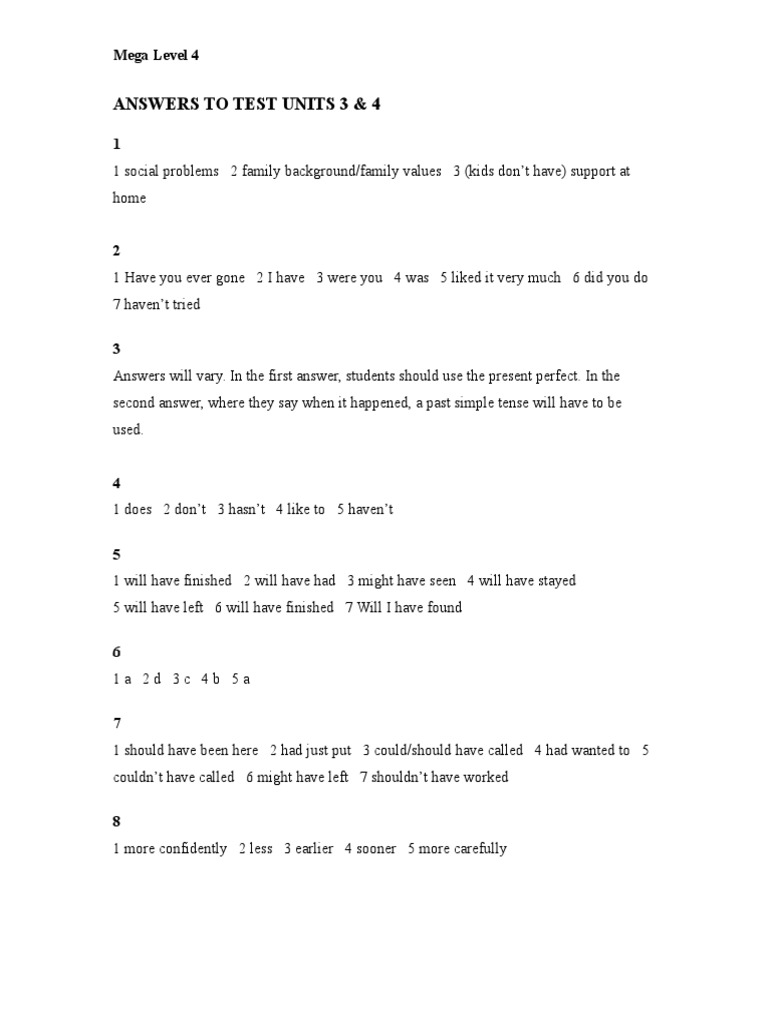 Test Units 3 and 4 Answer Key | PDF | Language Arts & Discipline | Wellness