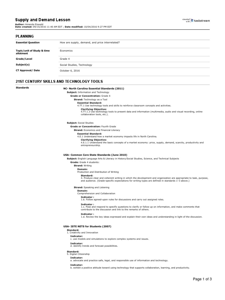 4th Grade Supply and Demand Lesson Plan | PDF | Creativity | Learning