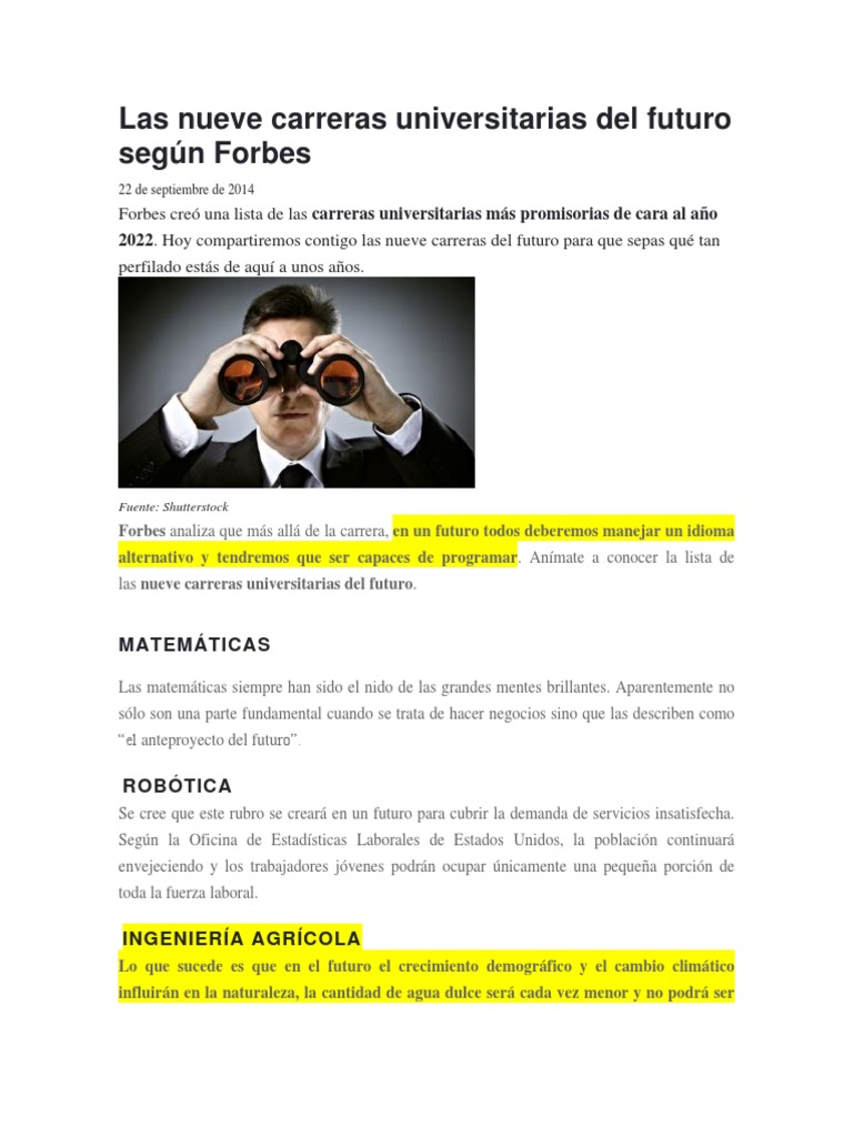 Las Nueve Carreras Universitarias Del Futuro Segun Forbes | PDF ...