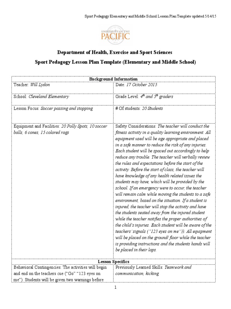 Soccer Lesson Plan for Grades 4-5 | PDF | Lesson Plan | Physical Education