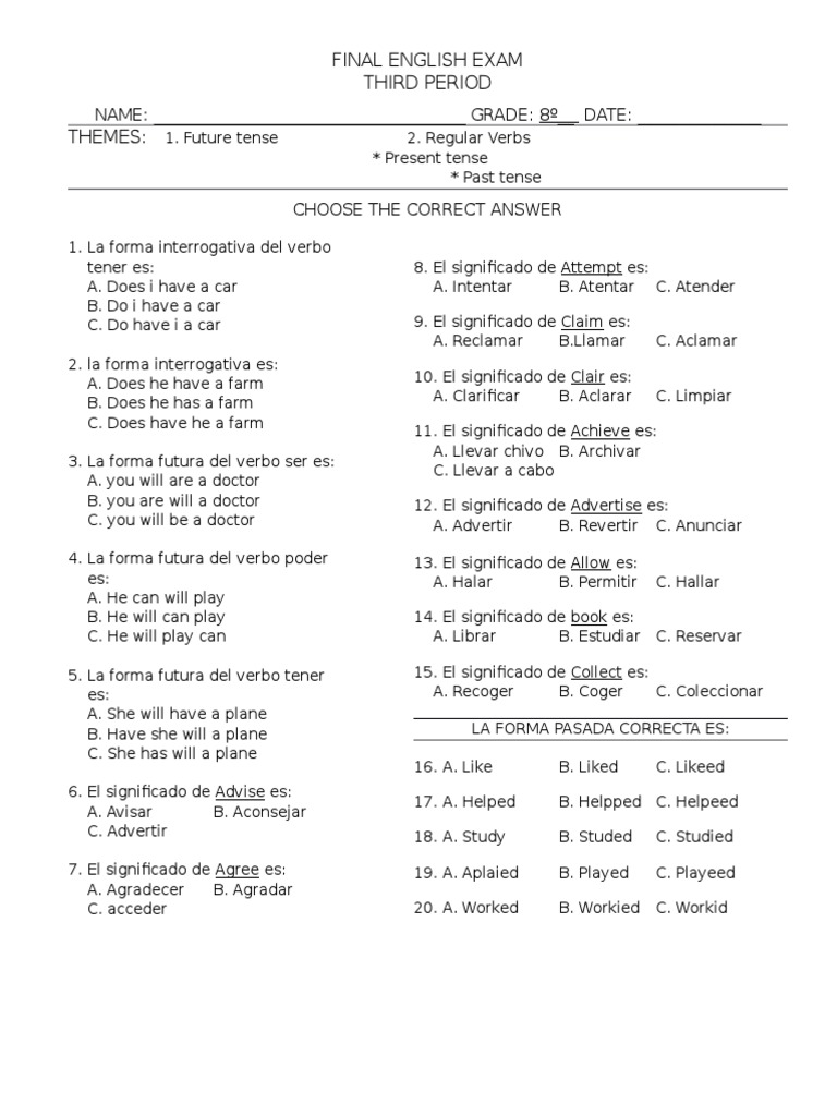 8th Grade English Exam: Tenses & Verbs | PDF