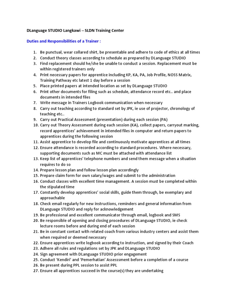 SKM Trainer Responsibilities | PDF | Apprenticeship | Lesson Plan
