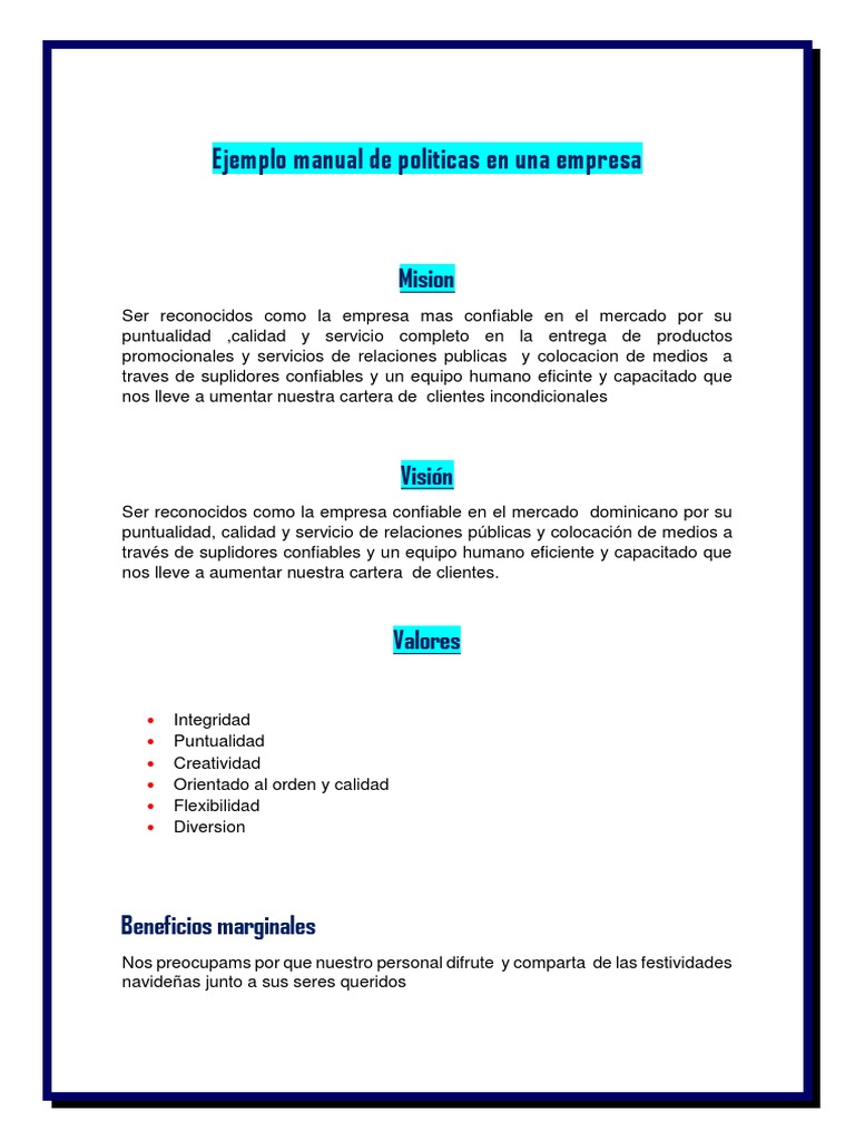 Ejemplo Manual de Politicas en Una Empresa | PDF | Gestión de recursos ...