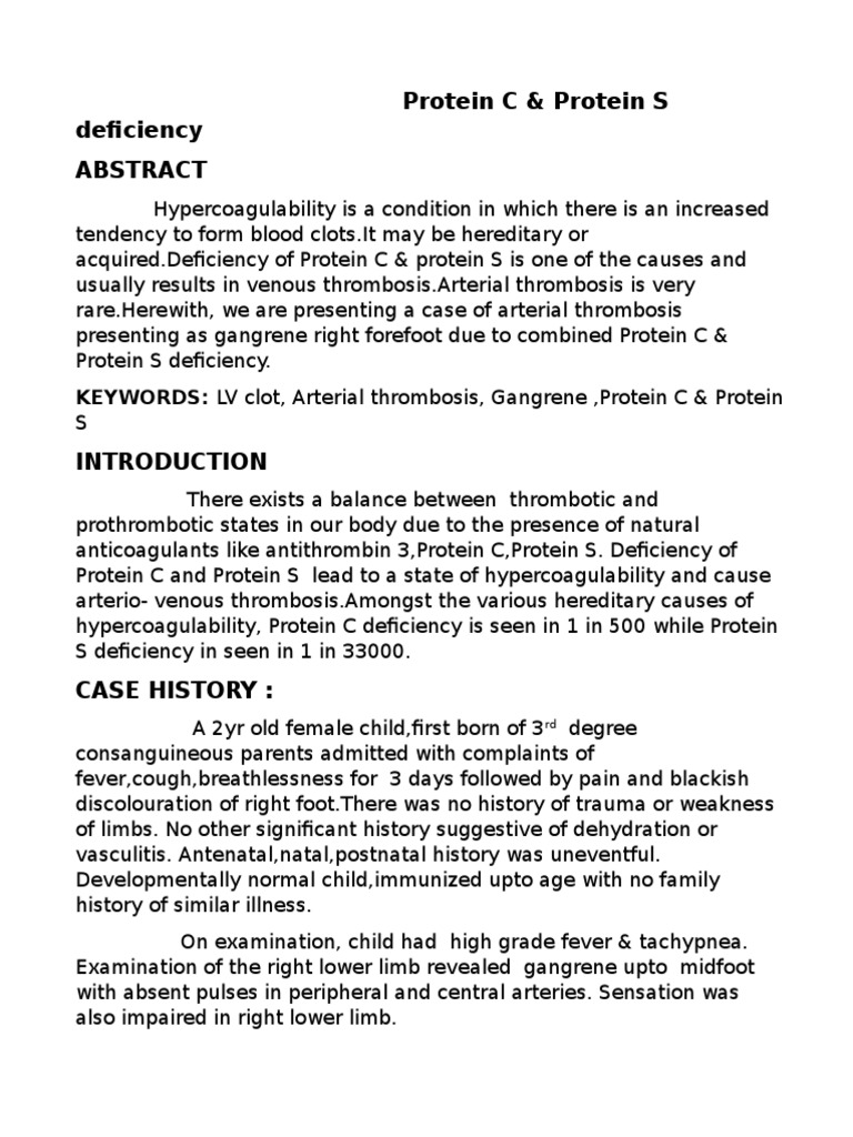 Protein C & Protein S Deficiency: KEYWORDS: LV Clot, Arterial ...