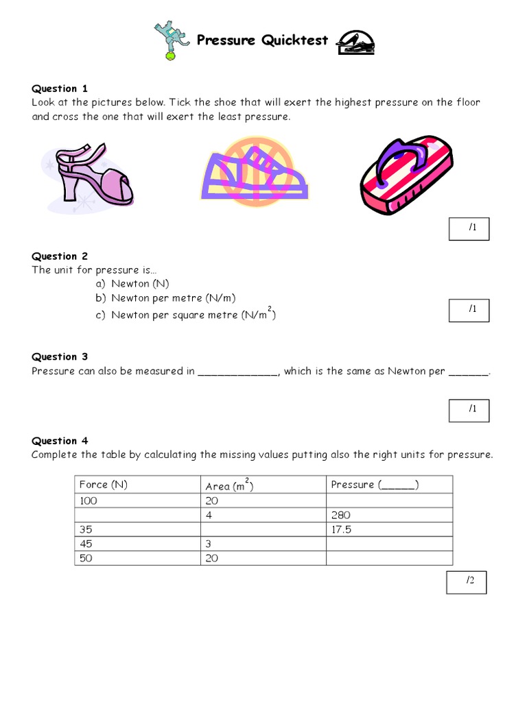 KS3 Pressure Quicktest Worksheet | PDF | Teaching Methods & Materials