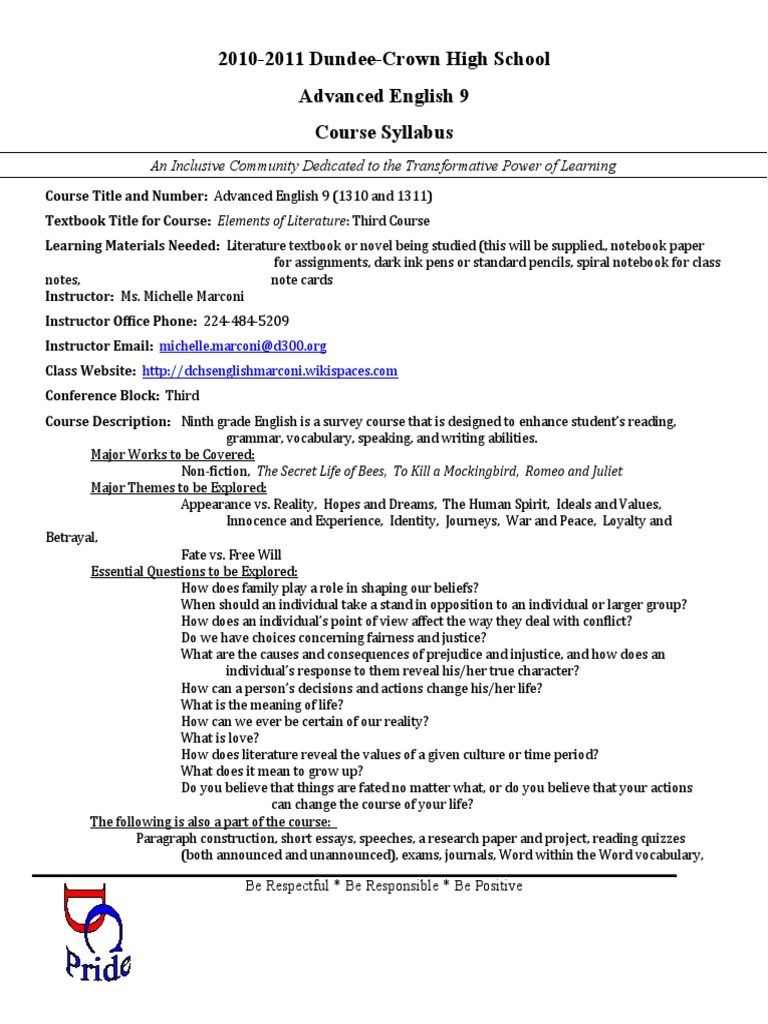 10-11 Syllabus For Advanced Freshman English With Template | PDF ...
