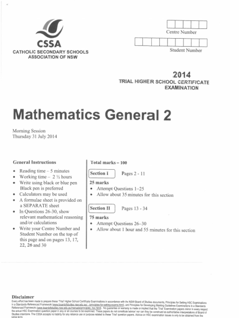 CSSA Mathematics General 2 Trial Paper With Solutions | PDF