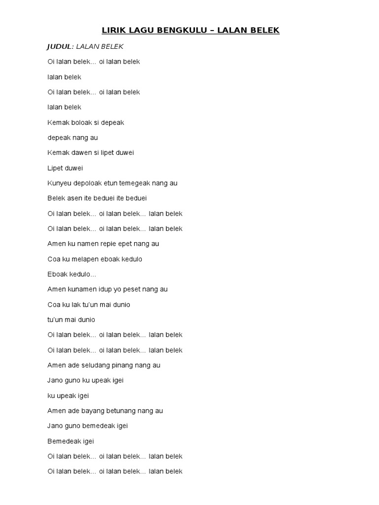Lirik Lagu Bengkulu - Lalan Belek | PDF