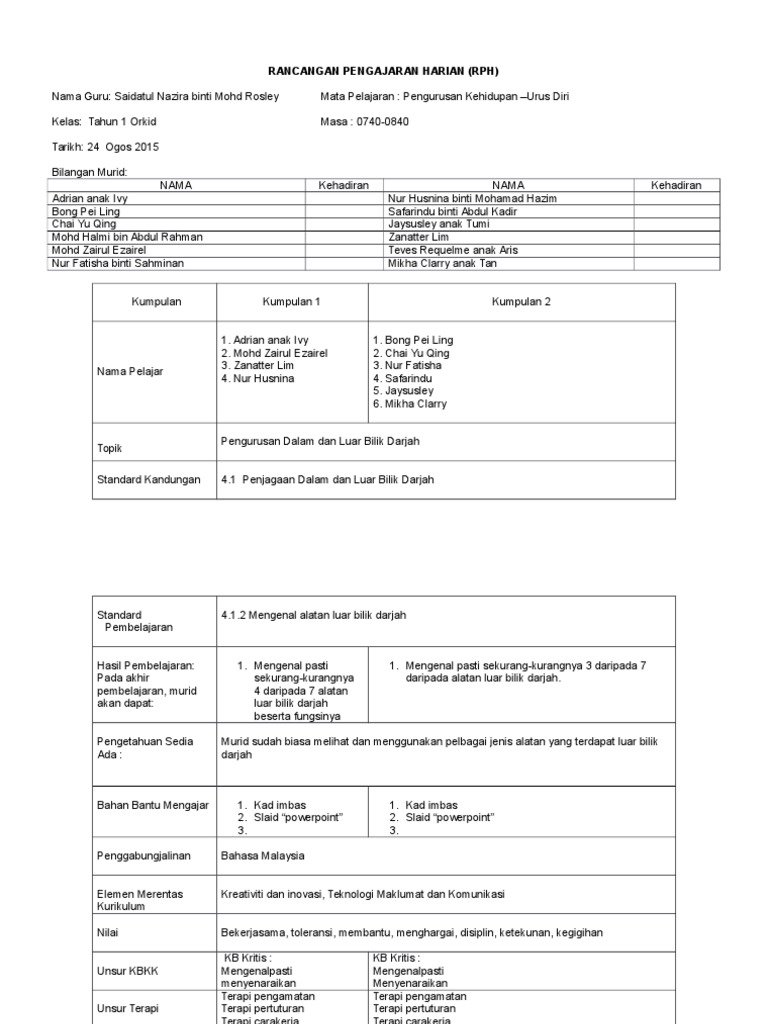 Rancangan Pengajaran Harian Pengurusan Diri Tahun 1 - Format Baru | PDF