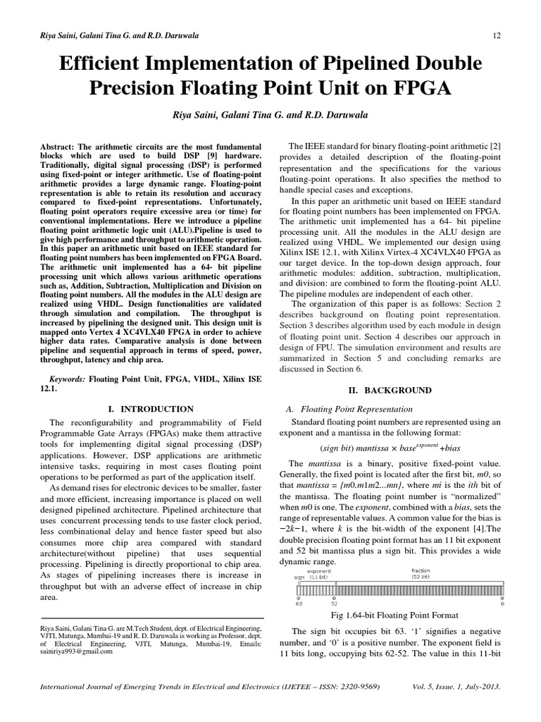 Efficient Implementation of Pipelined Double Precision Floating Point Unit On FPGA | PDF | Field ...