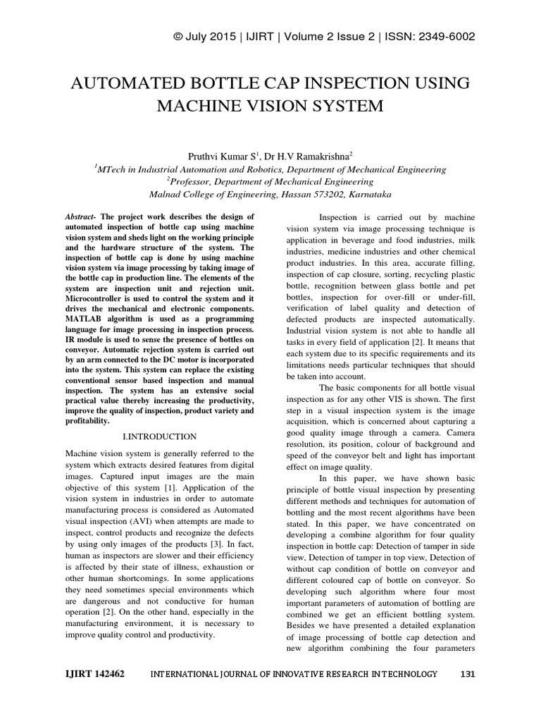 Automated Bottle Cap Inspection Using Machine Vision System | PDF ...