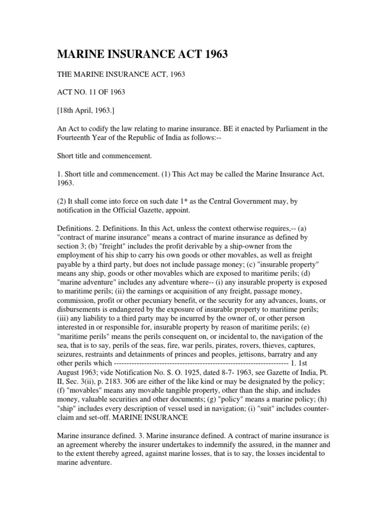 Marine Insurance Act 1963 Overview | PDF | Insurance | Indemnity