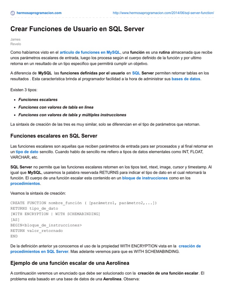 Funciones Usuario SQL Server: Guía | PDF