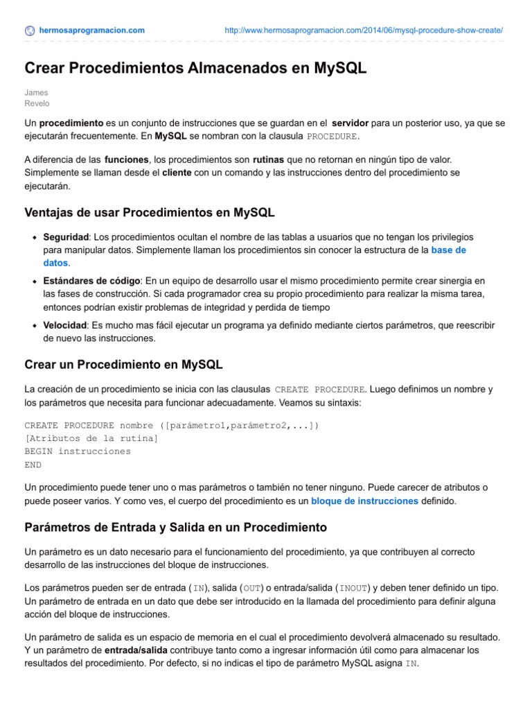 Crear Procedimientos Almacenados en MySQL PDF | PDF | SQL | Lenguaje de programación