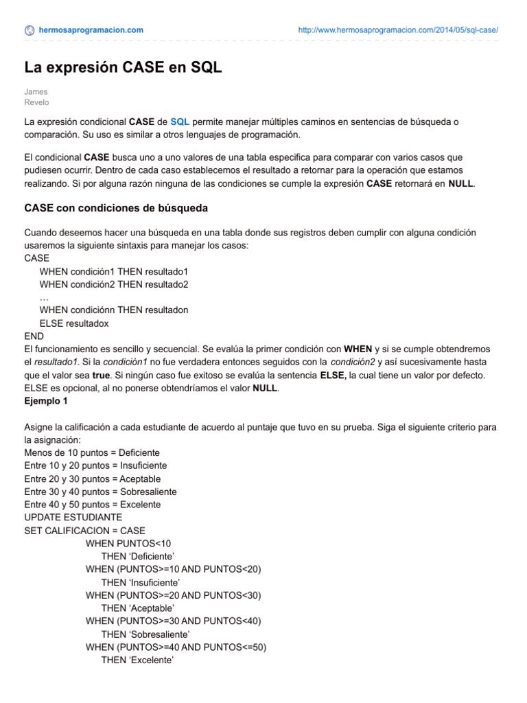 EXPRESIONES CONDICIONALES - La Expresión CASE en SQL PDF | PDF | SQL ...